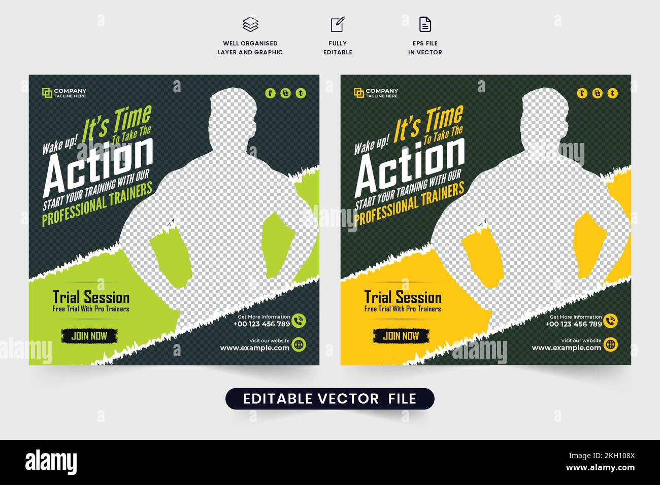 Gym training promotional template vector with green and yellow colors ...