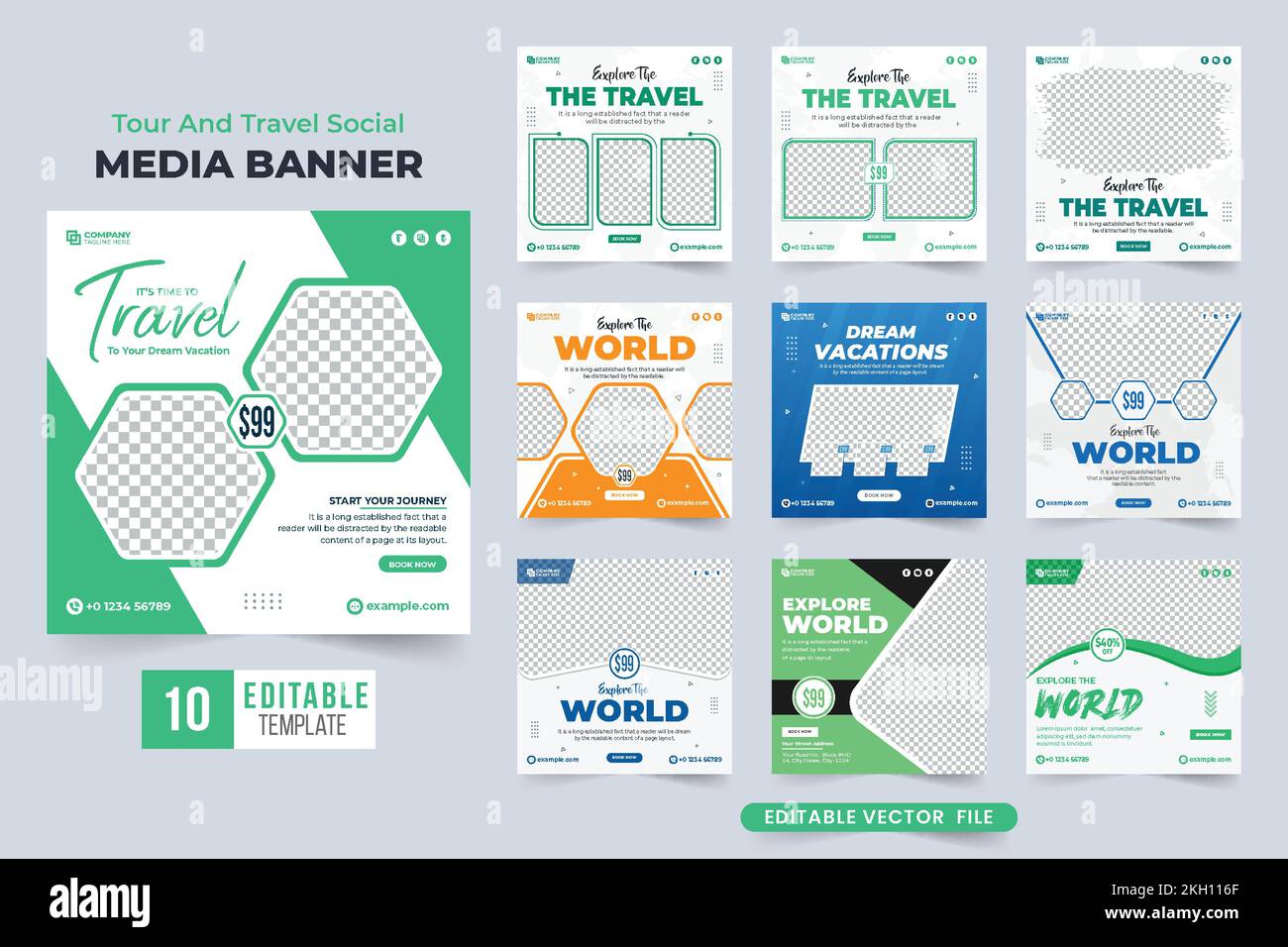 Tour and travel social media post collection vector with blue and green ...