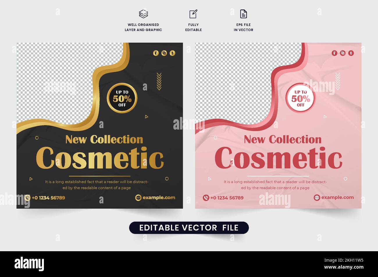 Cosmetic social media post vector with golden and pink colors. Modern ...