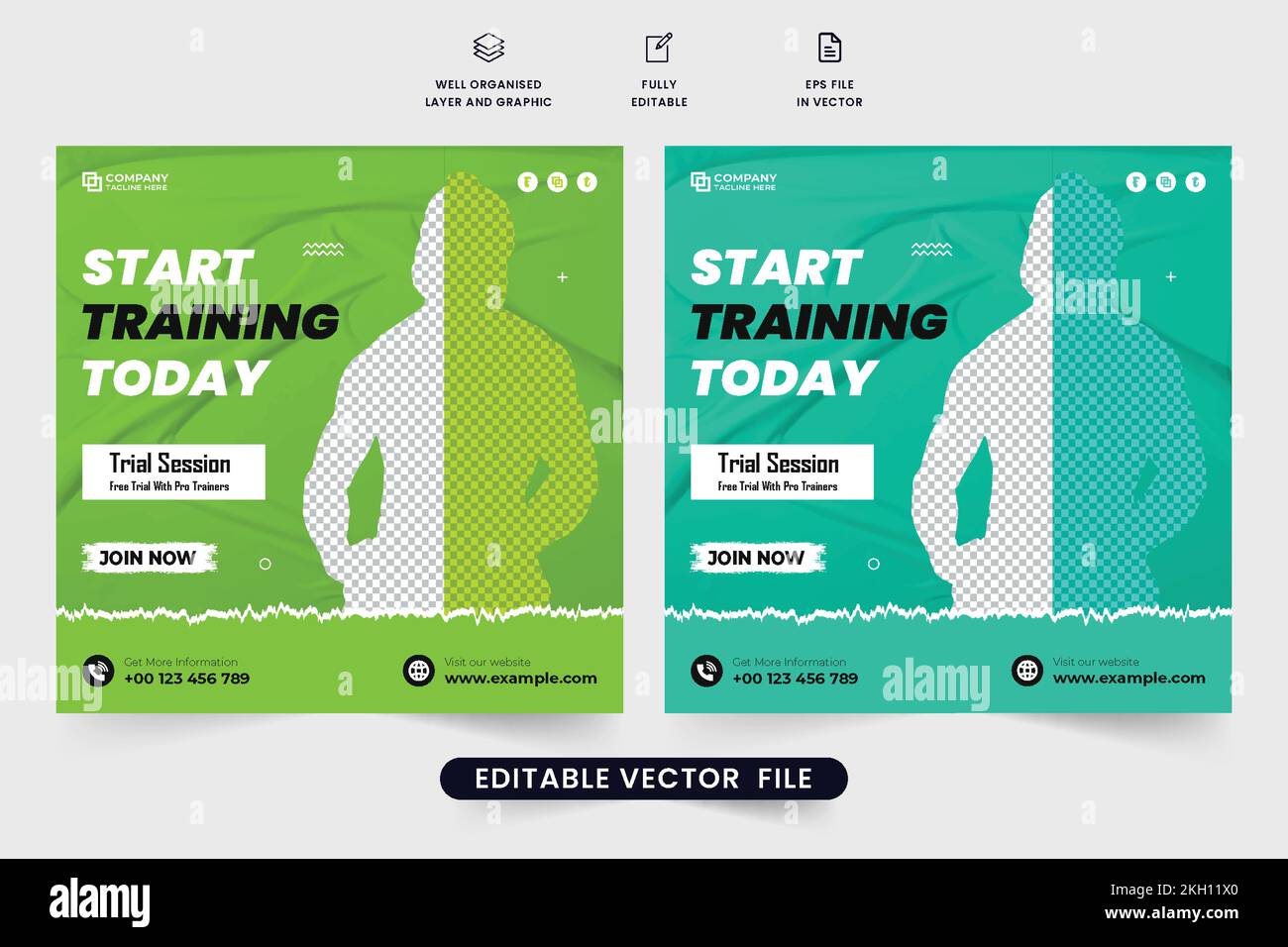 Professional gym training social media post vector with green and aqua ...
