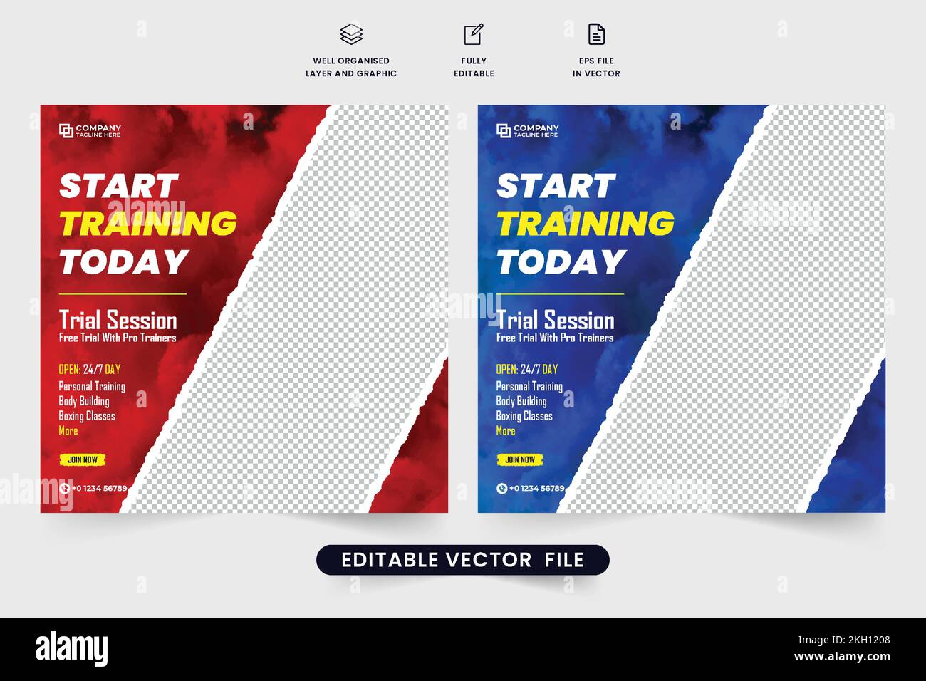 Fitness gym training social media post vector with blue and red colors ...