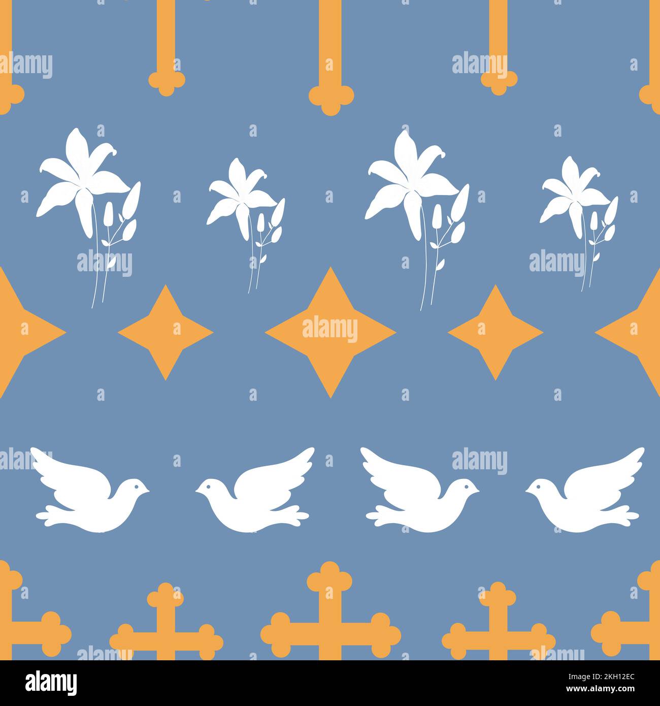 Dove, cross, lilly and star in a row. Striped seamless pattern on blue ...