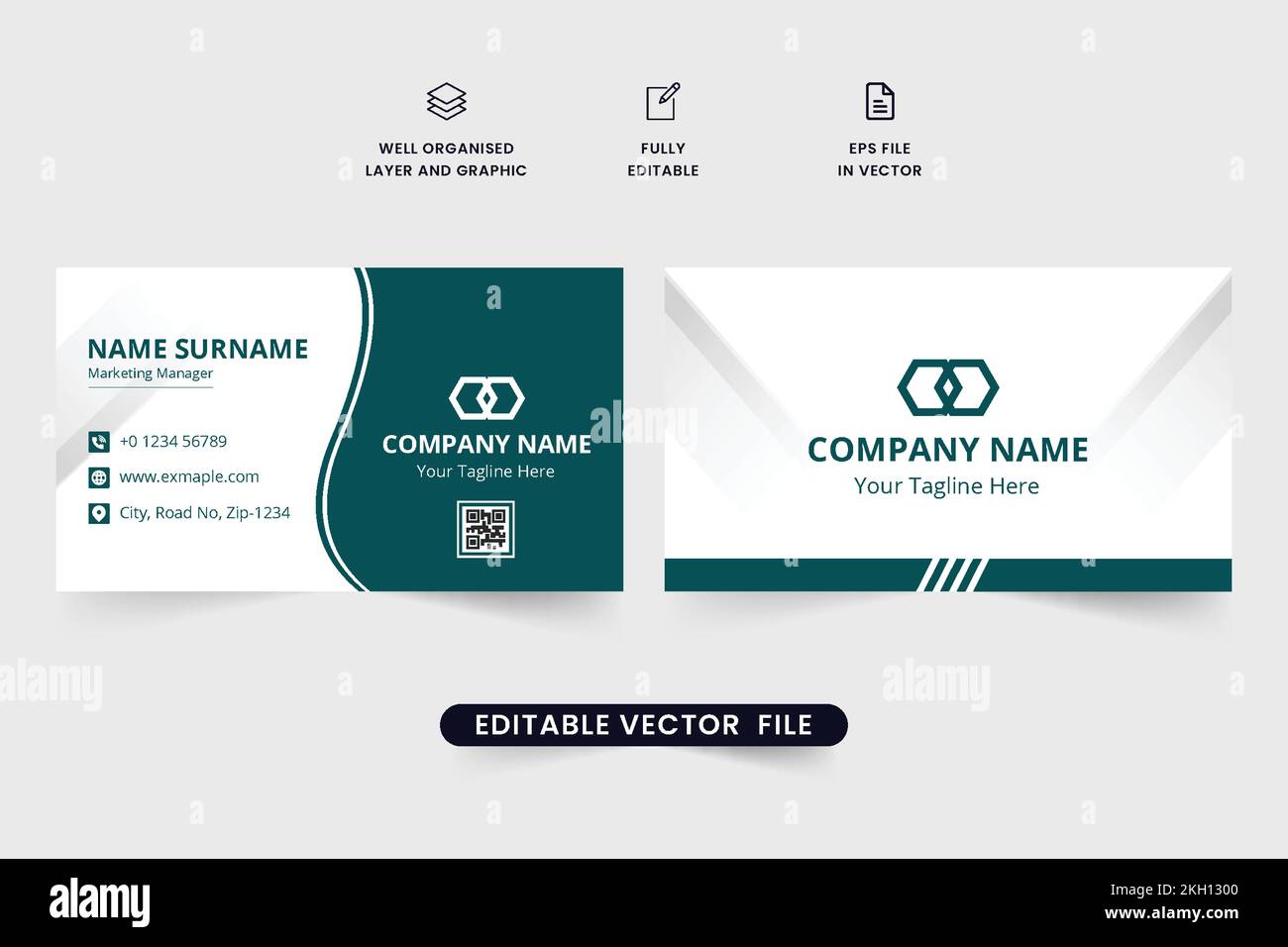 Double-sided visiting card template design with dark green color ...
