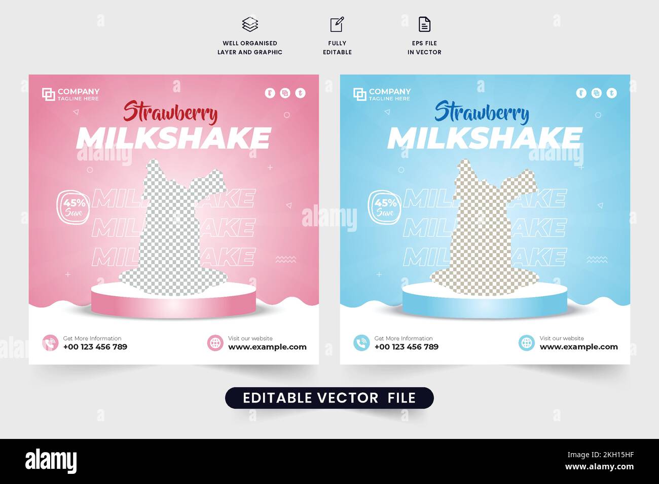 Strawberry milkshake social media post vector with pink and blue ...