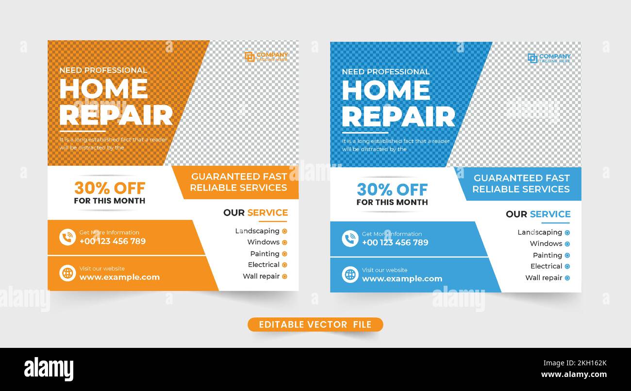 Professional home repair service template design with yellow and blue ...
