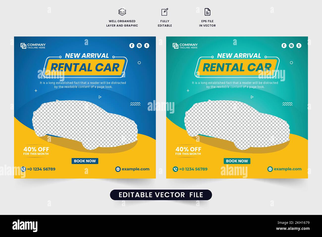 Car rental social media post vector with blue and yellow colors. Modern ...