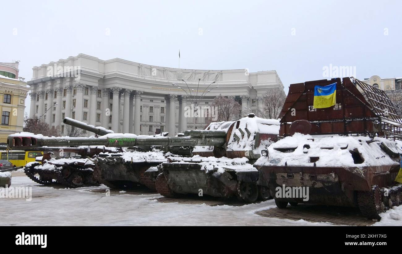 Ukrainian army war trophies in front of the Ministry of Foreign Affairs ...