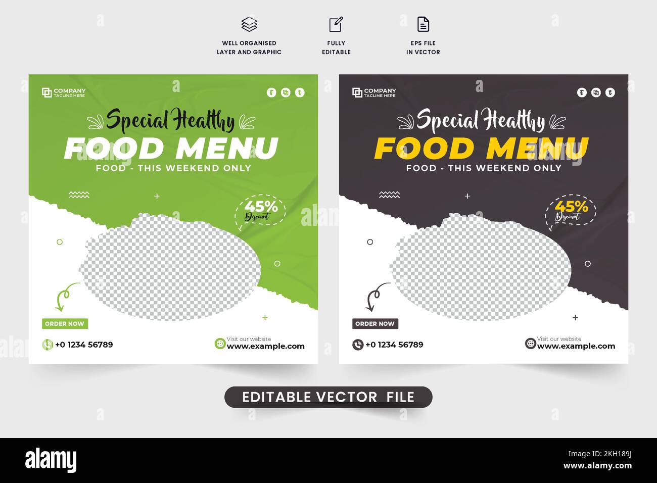 Healthy food menu social media post design with green and dark ...