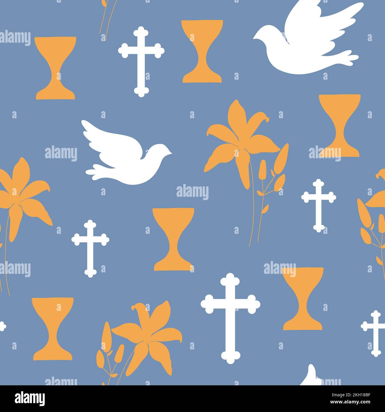 Dove, cross and lily flower silhouettes on blue background. Christian ...