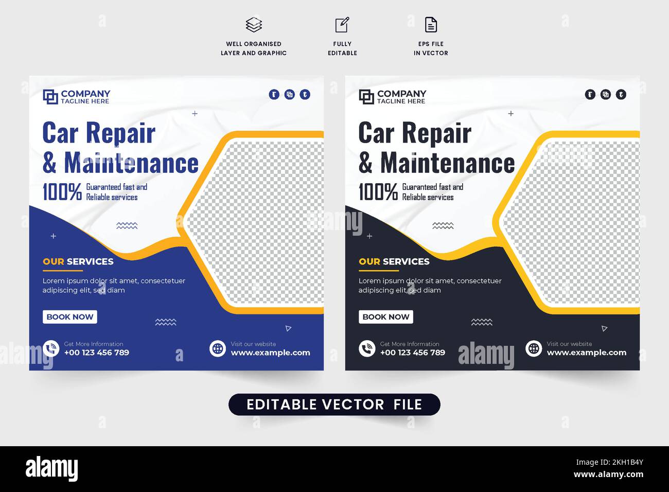 Car repair service social media post vector with blue and dark colors ...