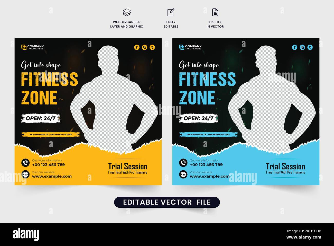 Gym promotional social media post design with photo placeholders. Gym ...
