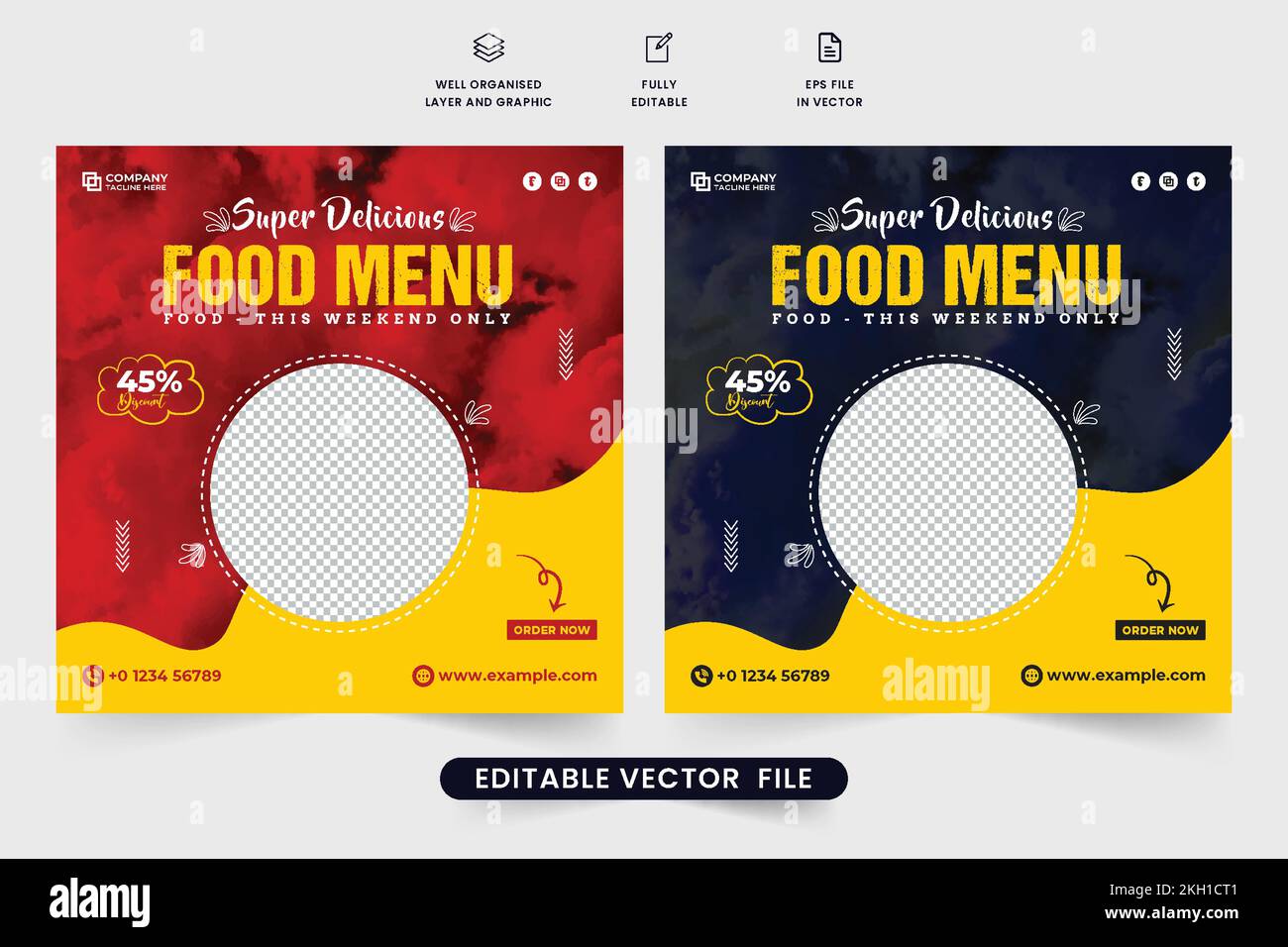 Delicious food menu social media post vector with red and yellow colors ...