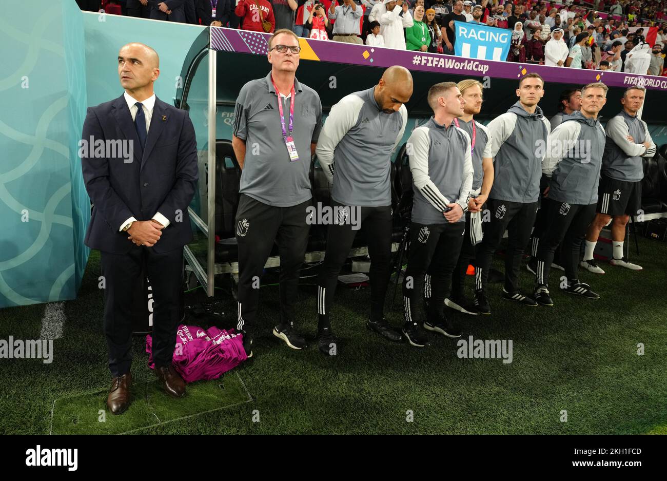 Belgium manager Roberto Martinez (left) and his coaching staff during ...