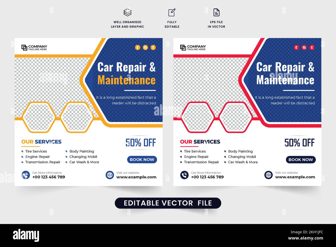 Vehicle repair social media post vector with yellow and red colors ...