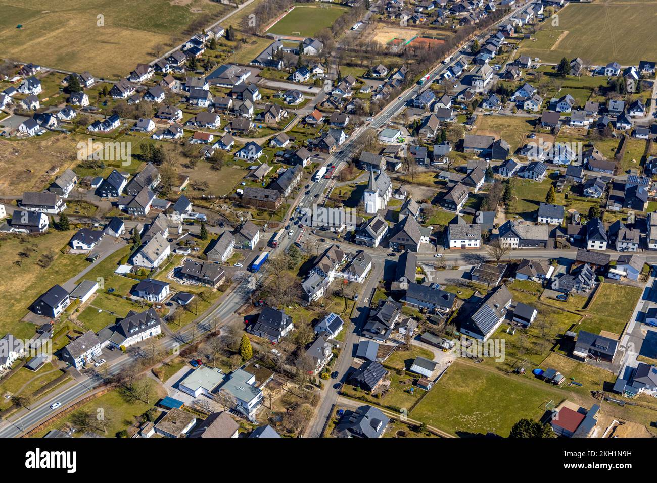 Aerial view, village view and catholic church St. Johannes Baptist in ...
