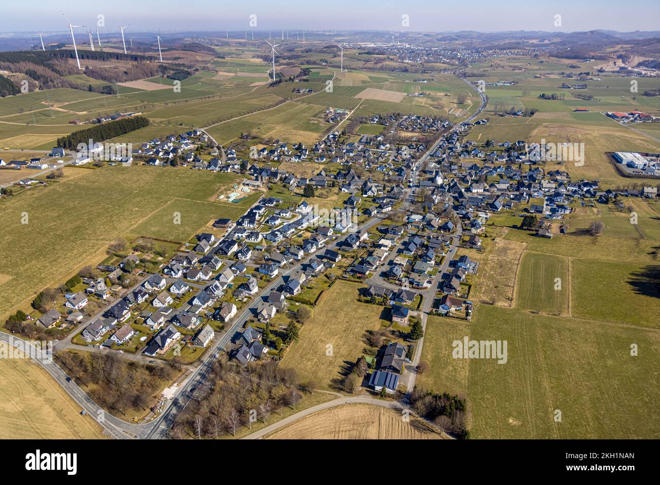 Aerial view, village view and catholic church St. Johannes Baptist in ...