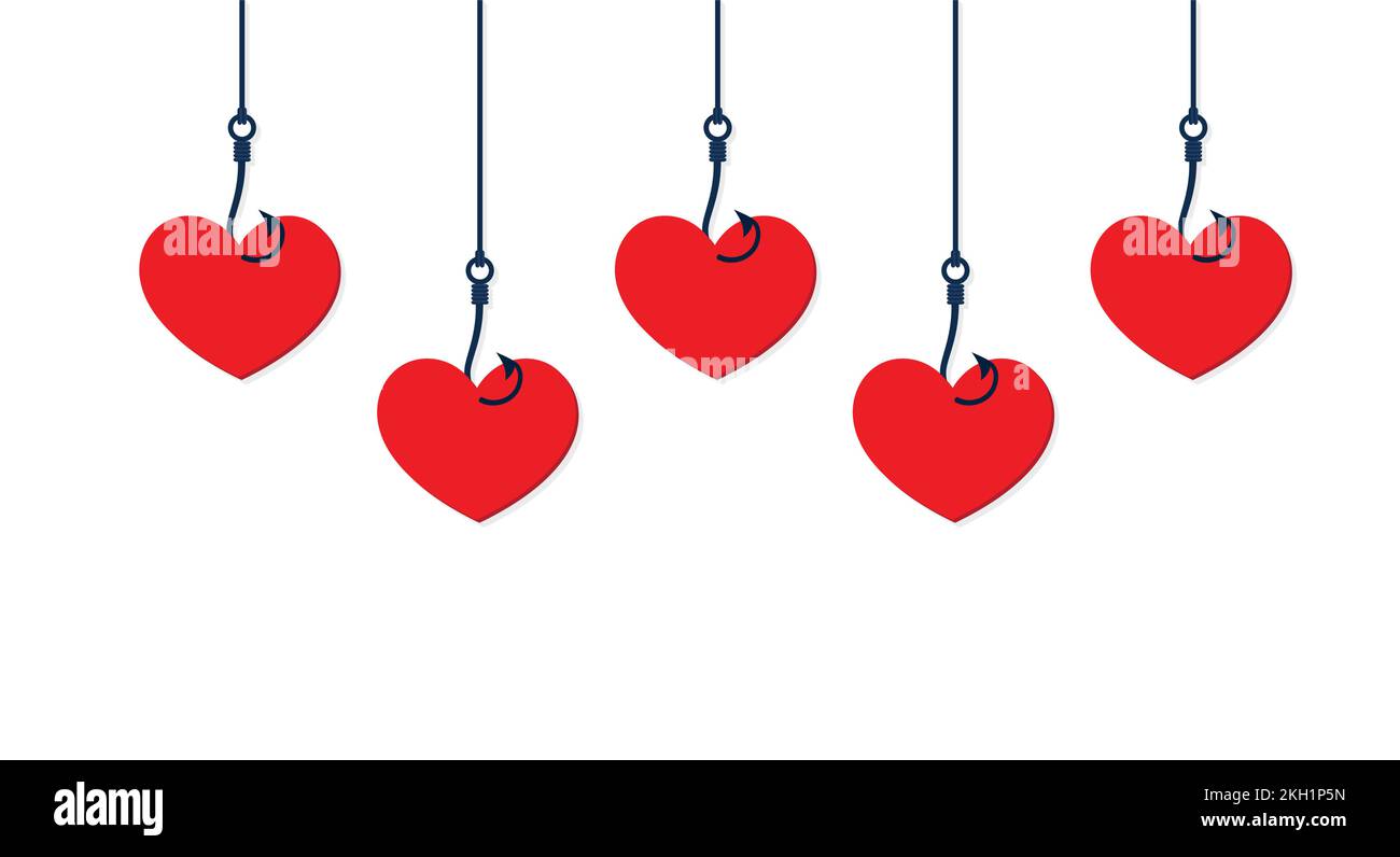 On fishing hook hanging heart. Deception, a trap on the hook. Flat ...