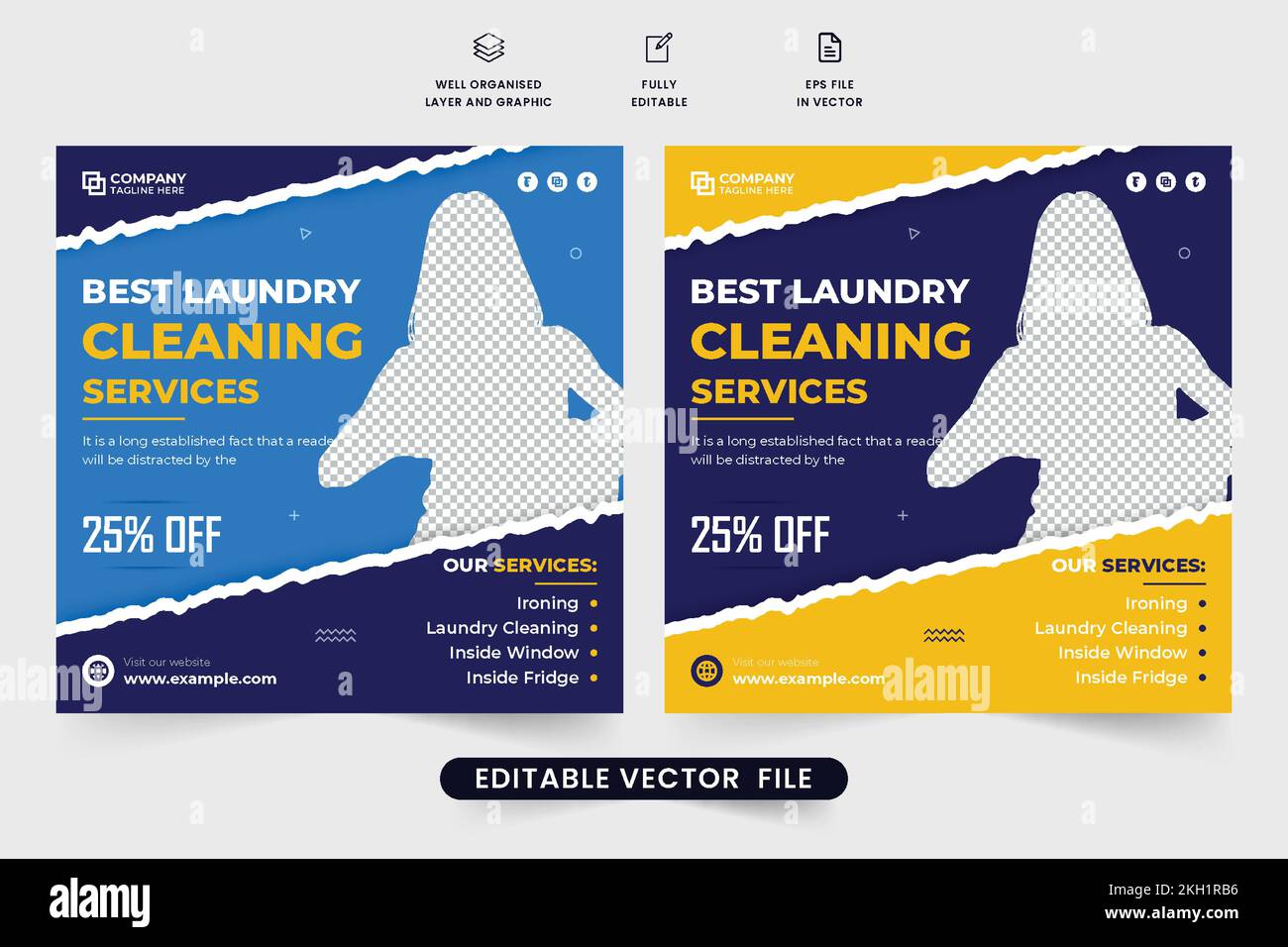 Laundry cleaning service social media post vector with yellow and blue ...
