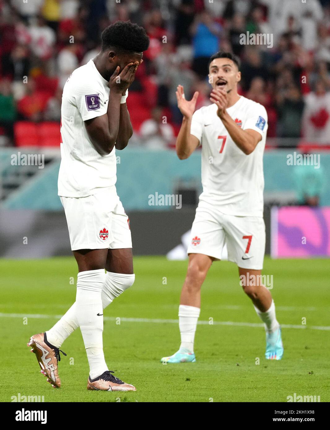 Canada's Alphonso Davies reacts after his penalty is saved during the ...
