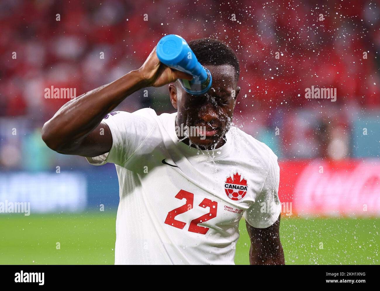Al Rayyan, Qatar, 23rd November 2022. Richie Laryea of Canada refreshes ...