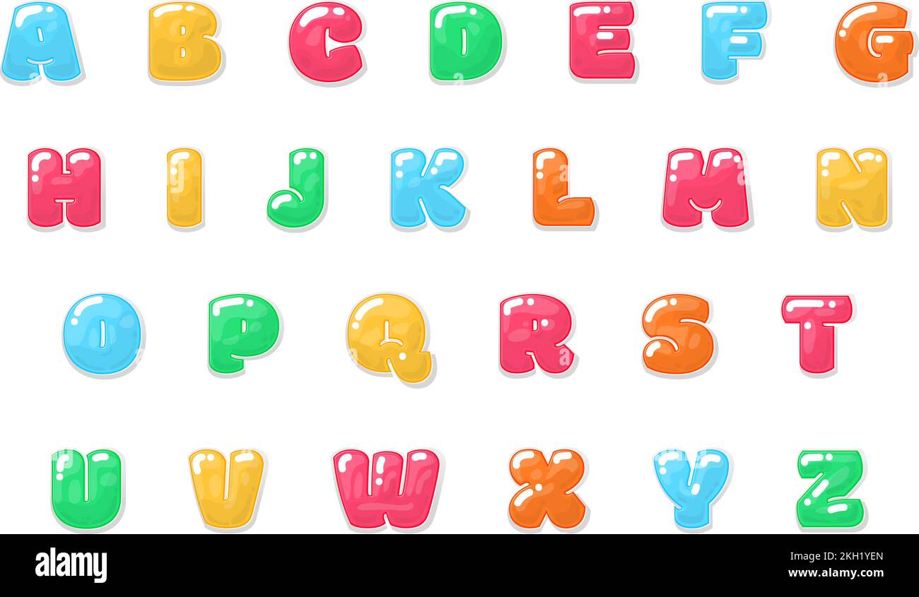 Color jelly alphabet. Cartoon bubble gum letters isolated on white ...