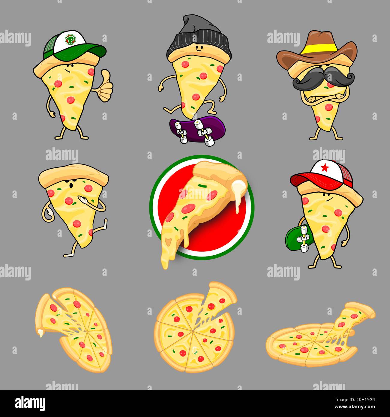 A logo pack of cartoon pizzas in different poses on a light purple ...