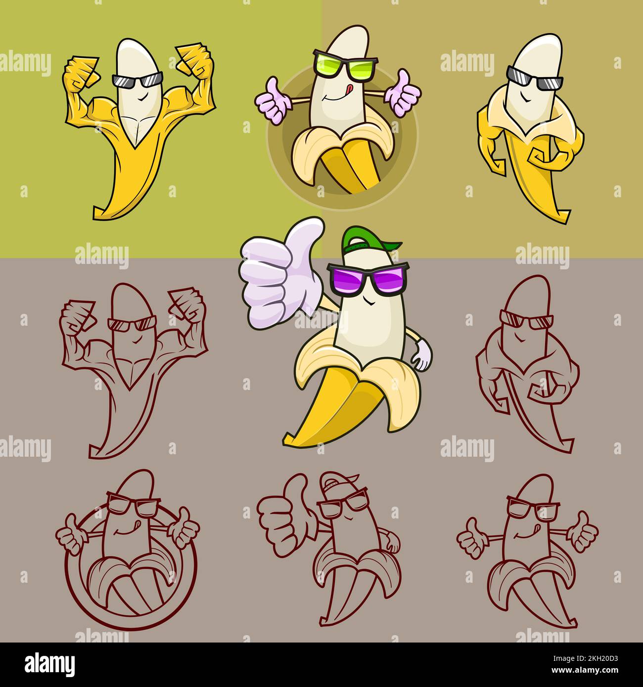 An editable vector set of muscular bananas with different poses Stock ...
