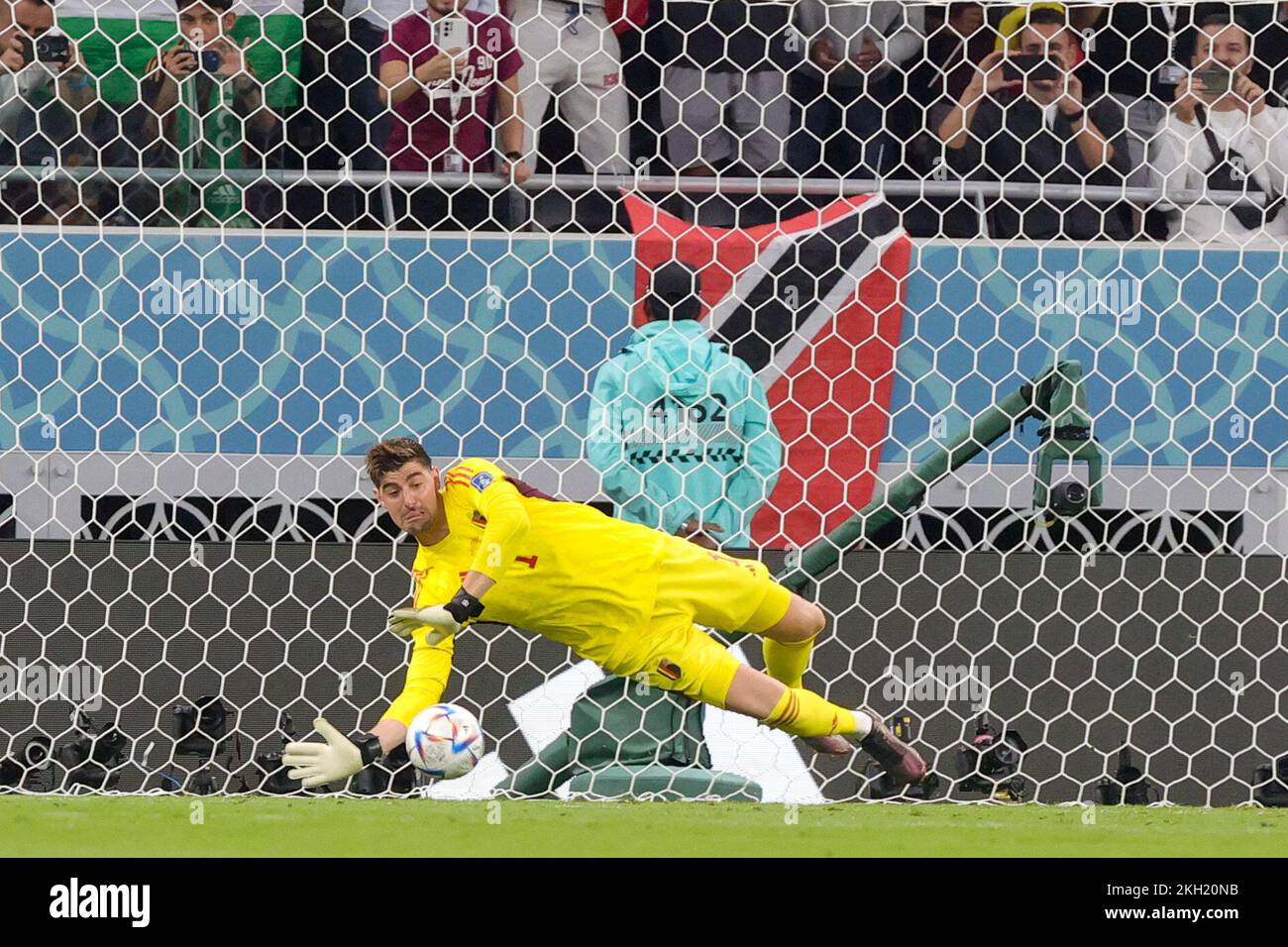 Belgium's goalkeeper Thibaut Courtois stops a penalty shoot during a ...