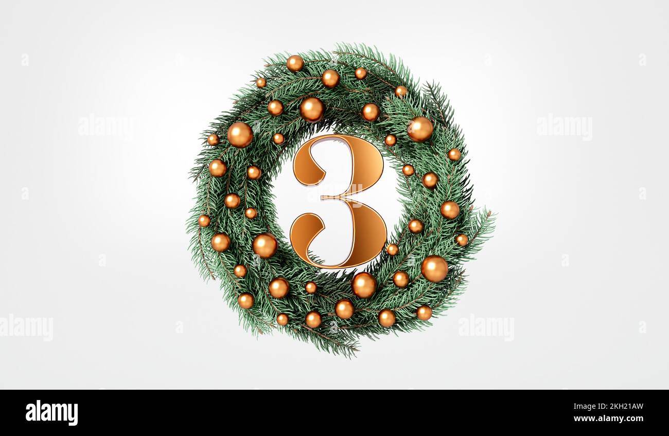 The 12 days of christmas. 3rd day festive wreath and text. 3D Rendering ...