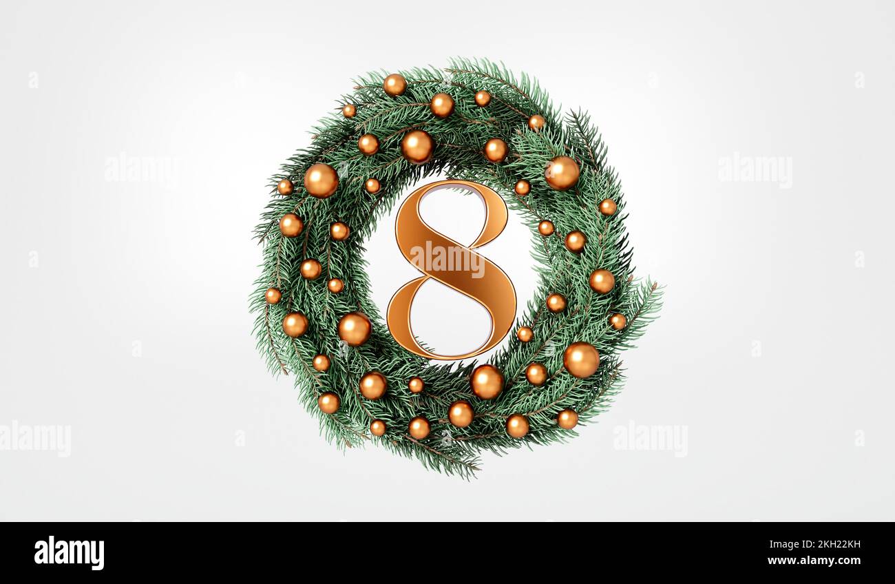 The 12 days of christmas. 8th day festive wreath and text. 3D Rendering ...