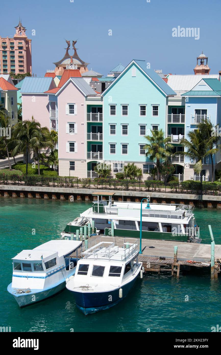 The view of residential building on Paradise Island and water taxi ...