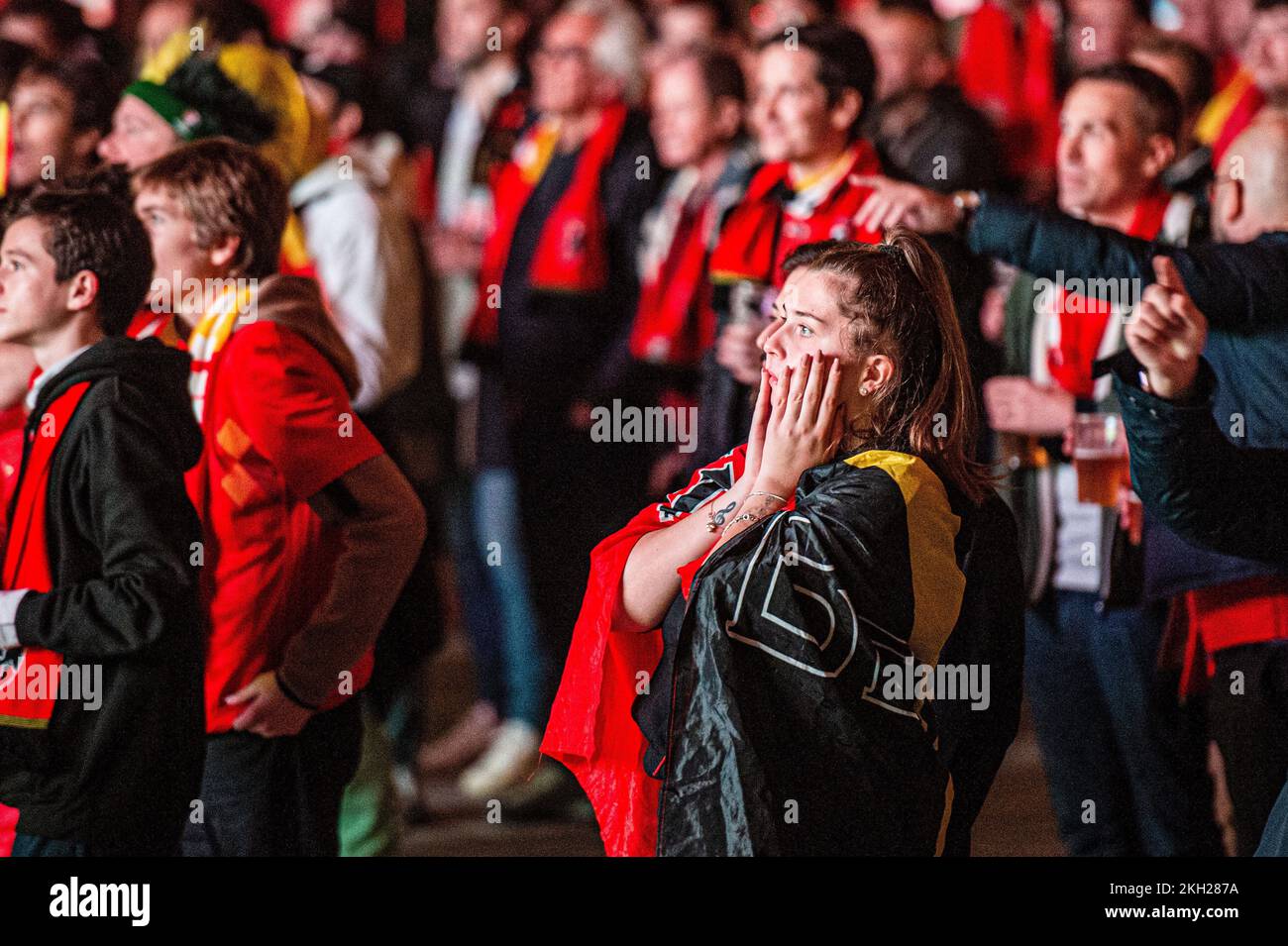 Red Devils' supporters react during the soccer game between Belgium's ...