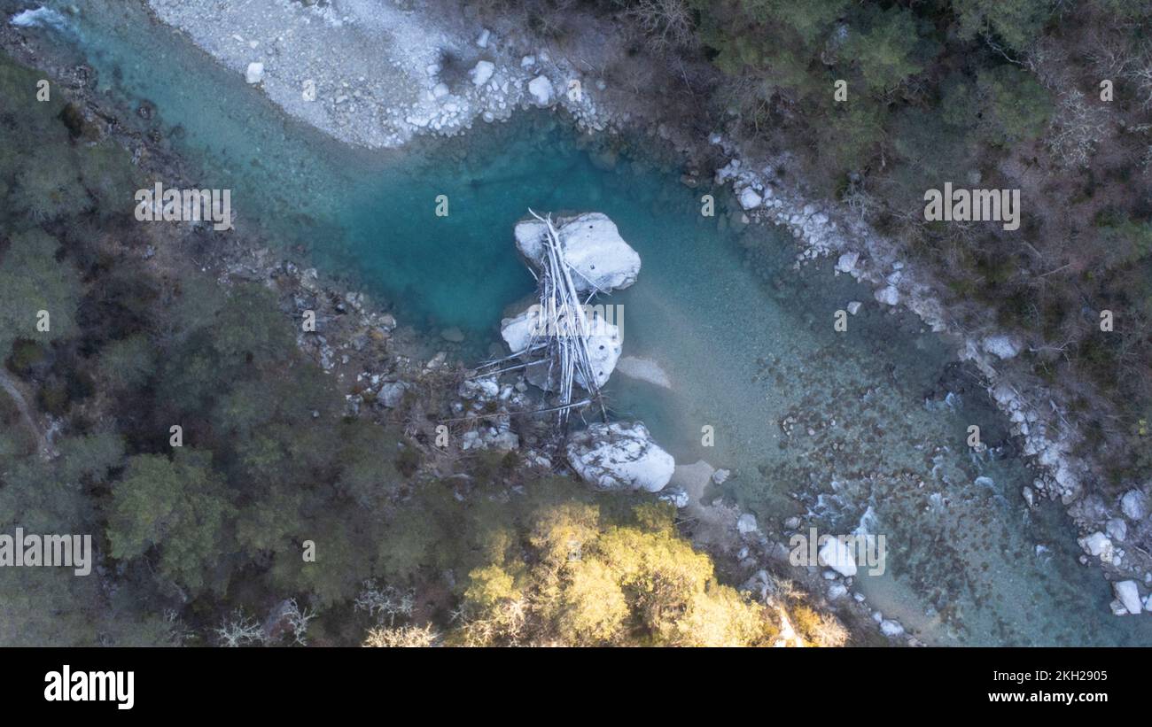 Aerial view of Verdon blue water river Gorge in Point Sublime, in ...