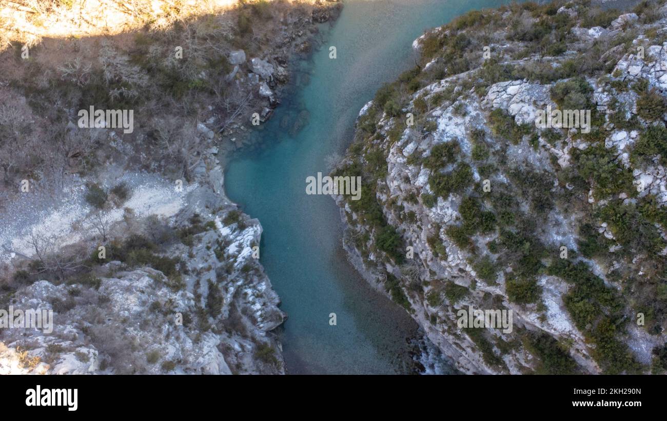 Aerial view of Verdon blue water river Gorge in Point Sublime, in ...
