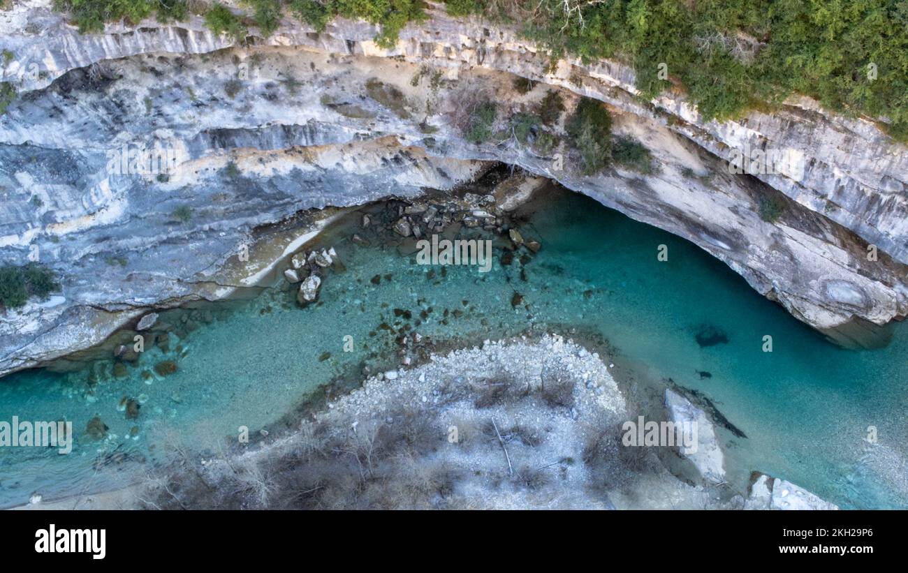 Aerial view of Verdon blue water river Gorge in Point Sublime, in ...