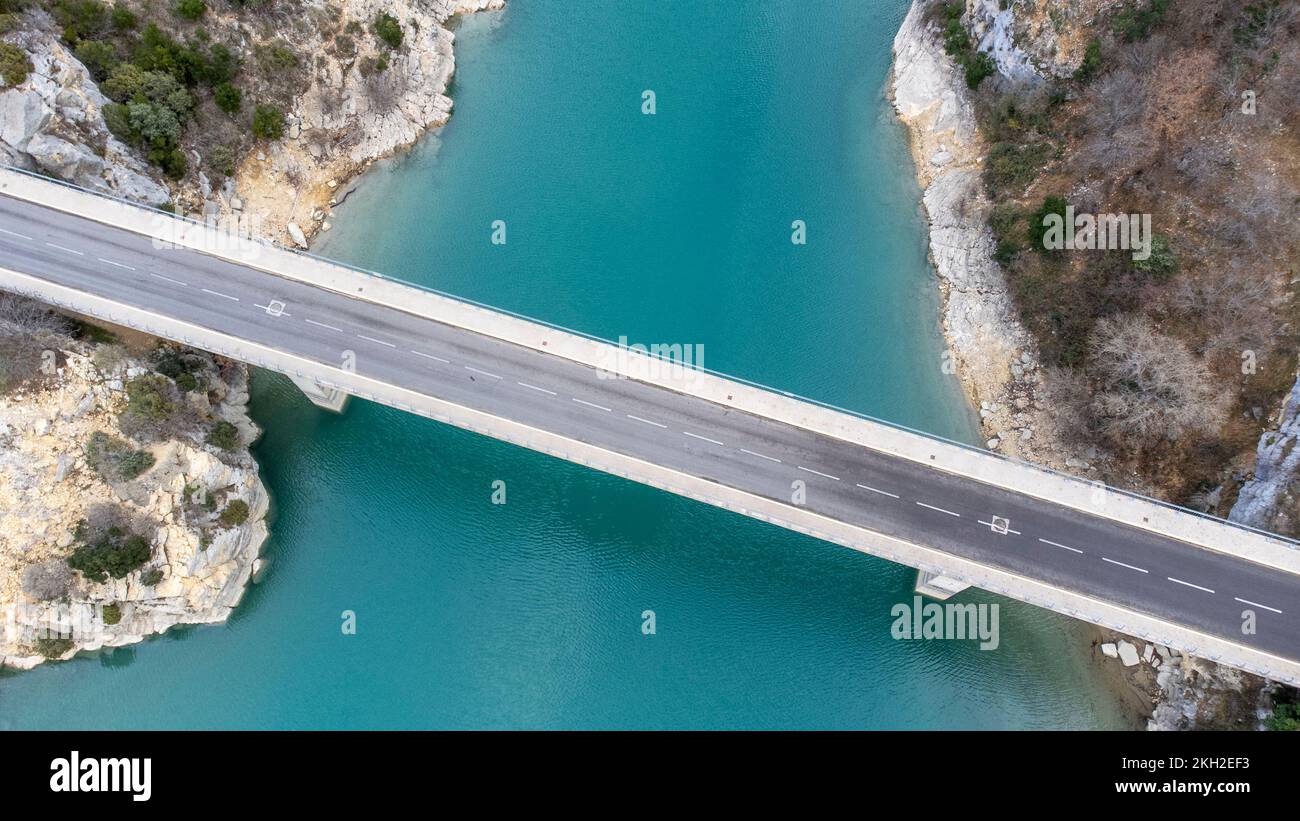 Aerial view of the Pont du Galetas at the limit of the Gorges du Verdon ...