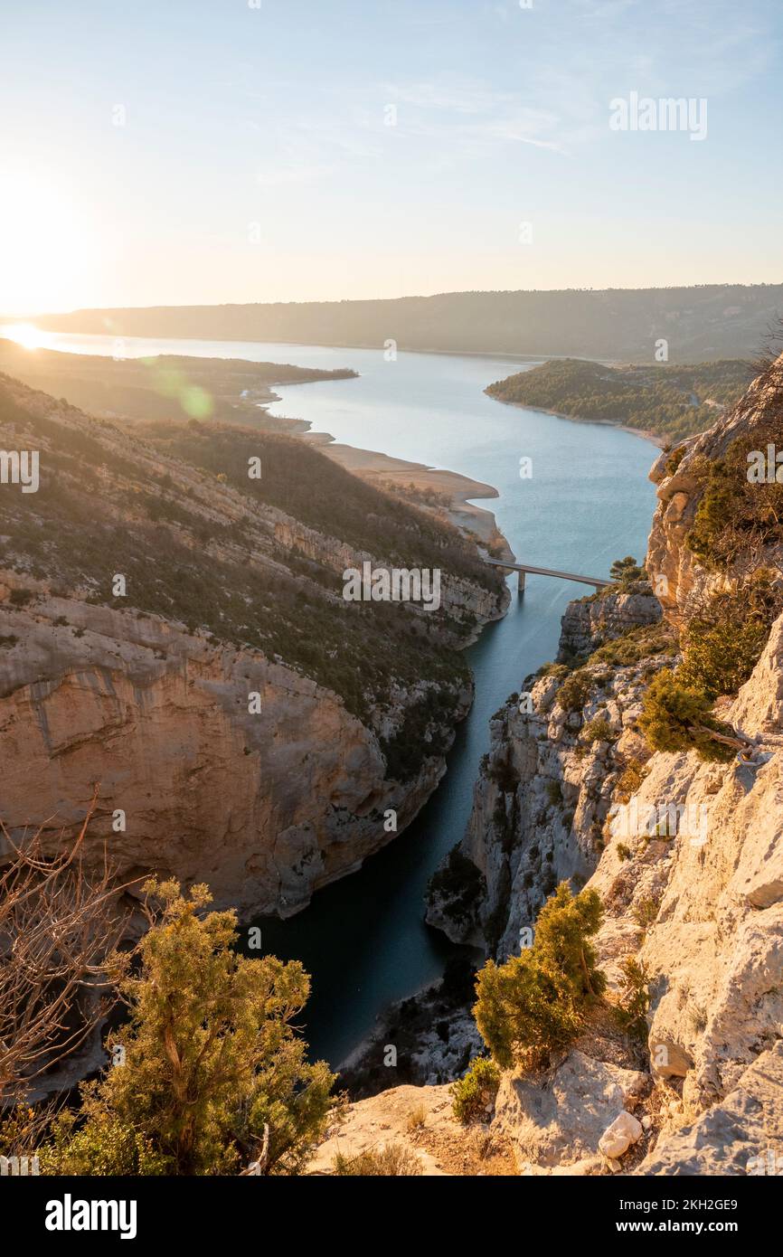 Aerial view of the Pont du Galetas at the limit of the Gorges du Verdon ...
