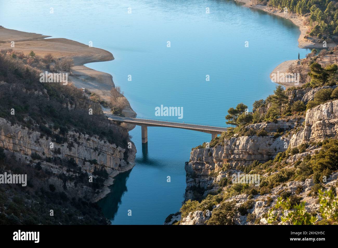 Aerial view of the Pont du Galetas at the limit of the Gorges du Verdon ...