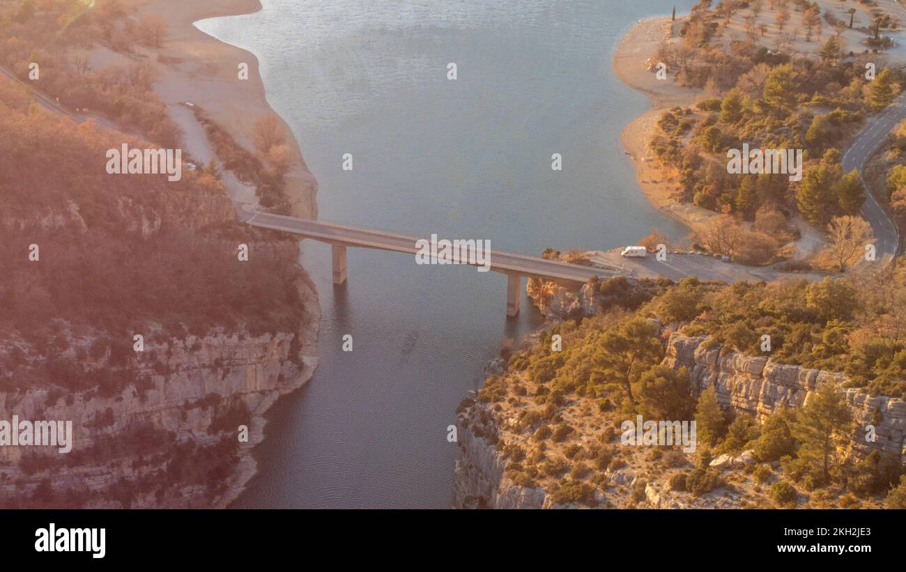 Aerial view of the Pont du Galetas at the limit of the Gorges du Verdon ...