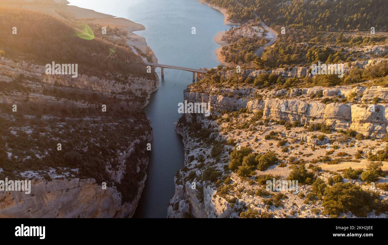 Aerial view of the Pont du Galetas at the limit of the Gorges du Verdon ...
