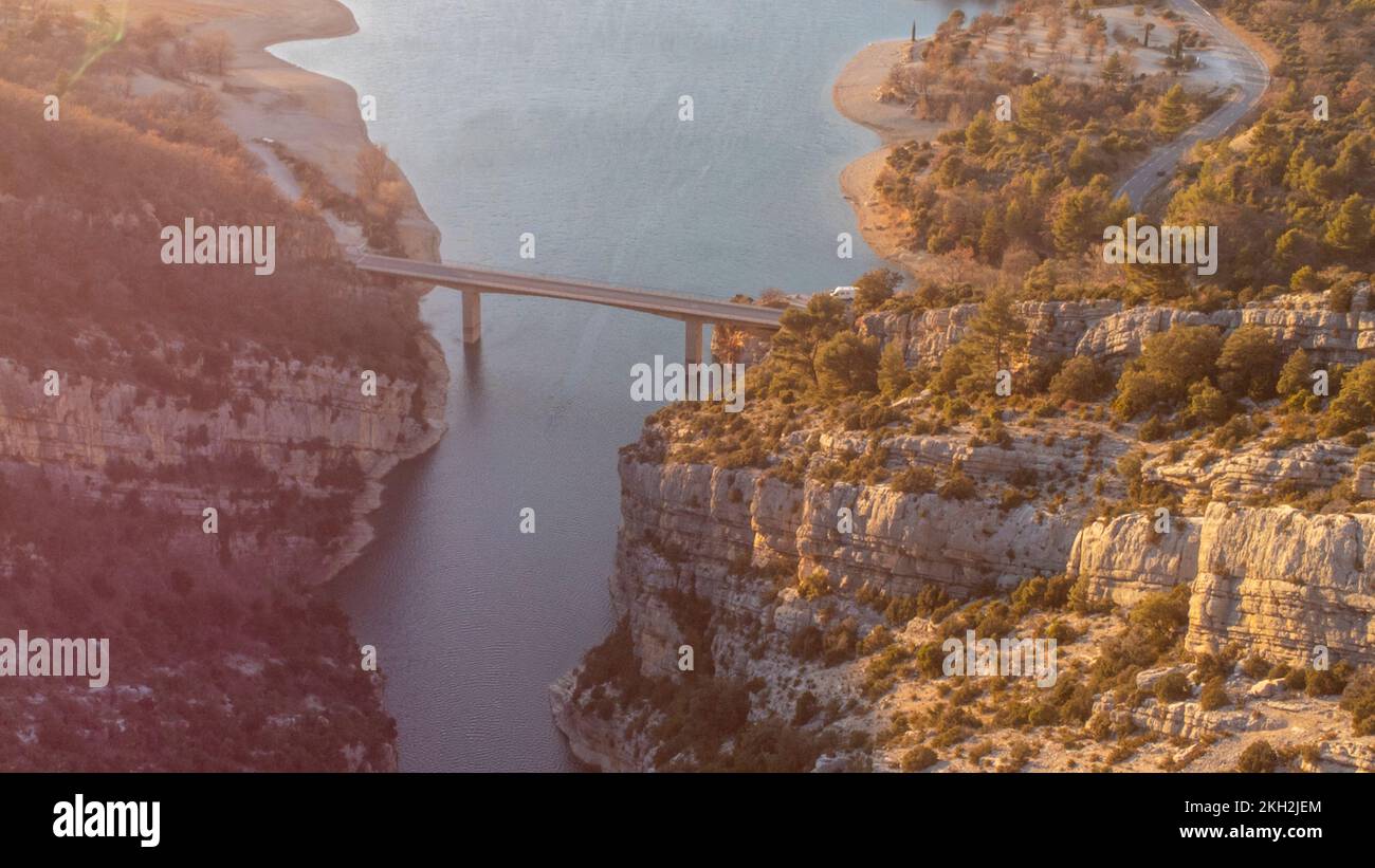 Aerial view of the Pont du Galetas at the limit of the Gorges du Verdon ...