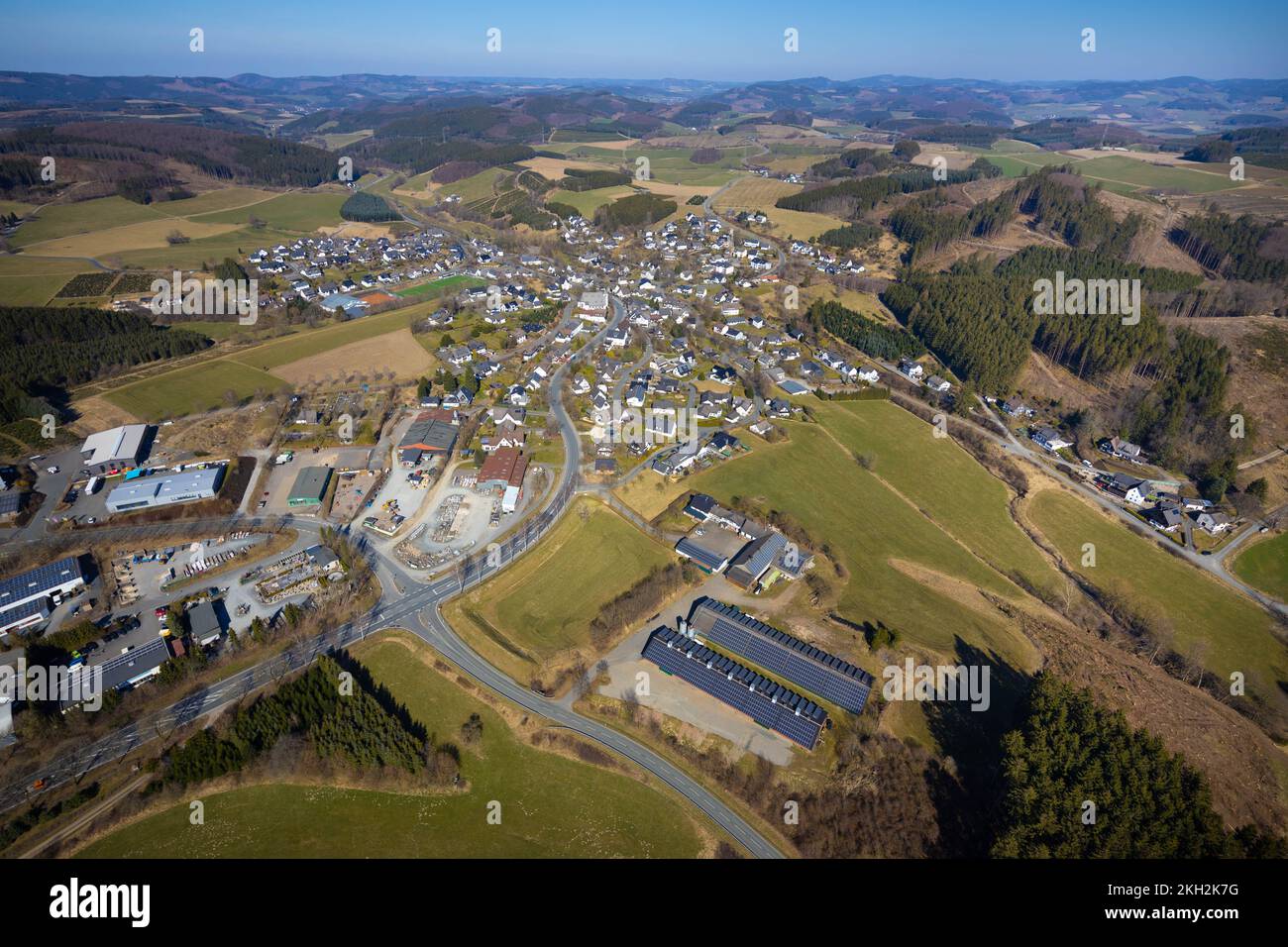Aerial view, village view and church St. Nicholas in Cobbenrode, Eslohe ...