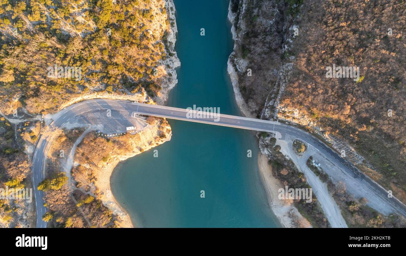 Aerial view of the Pont du Galetas at the limit of the Gorges du Verdon ...