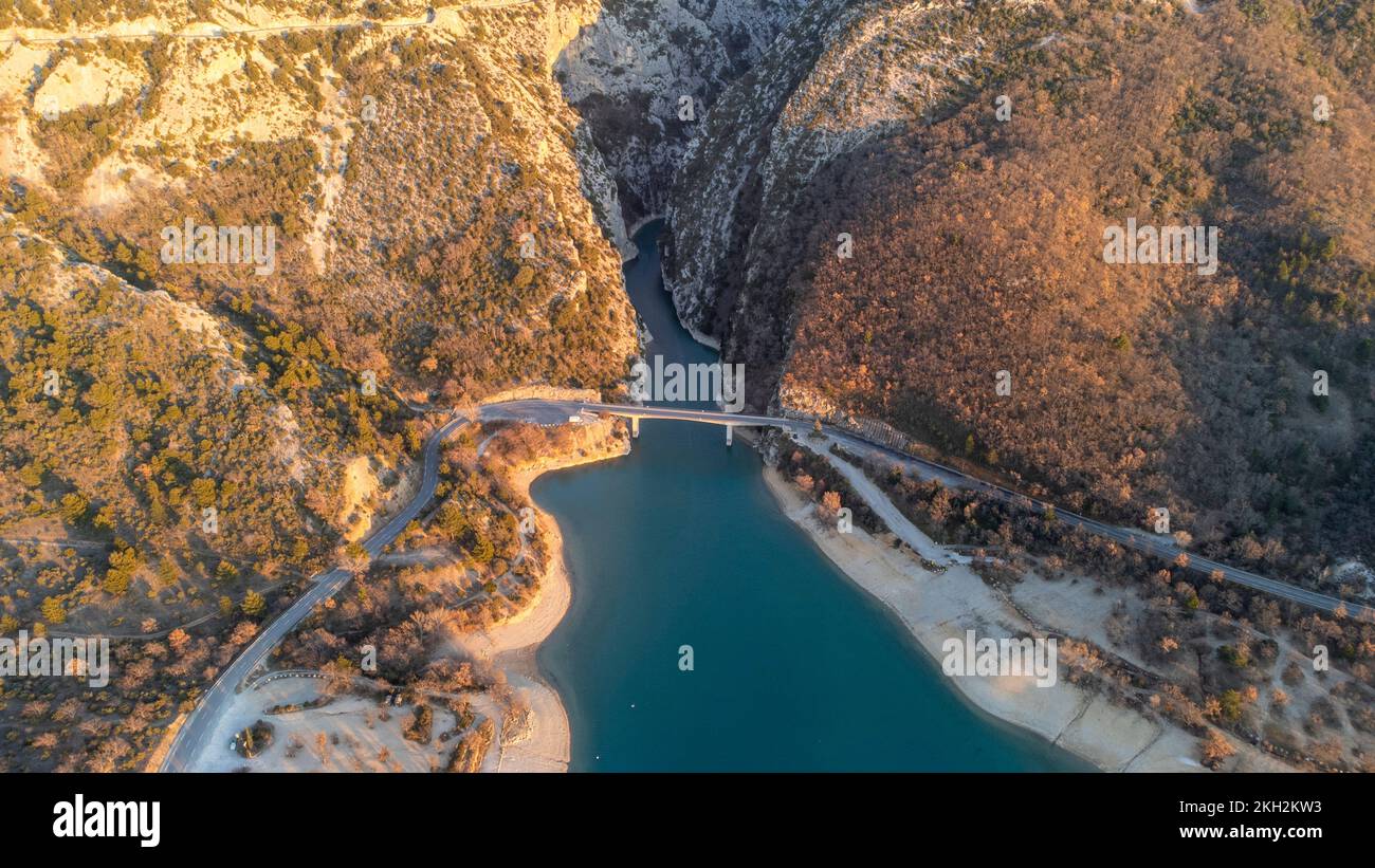Aerial view of the Pont du Galetas at the limit of the Gorges du Verdon ...