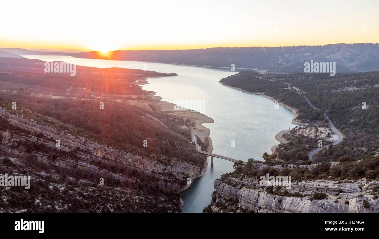 Aerial view of the Pont du Galetas at the limit of the Gorges du Verdon ...