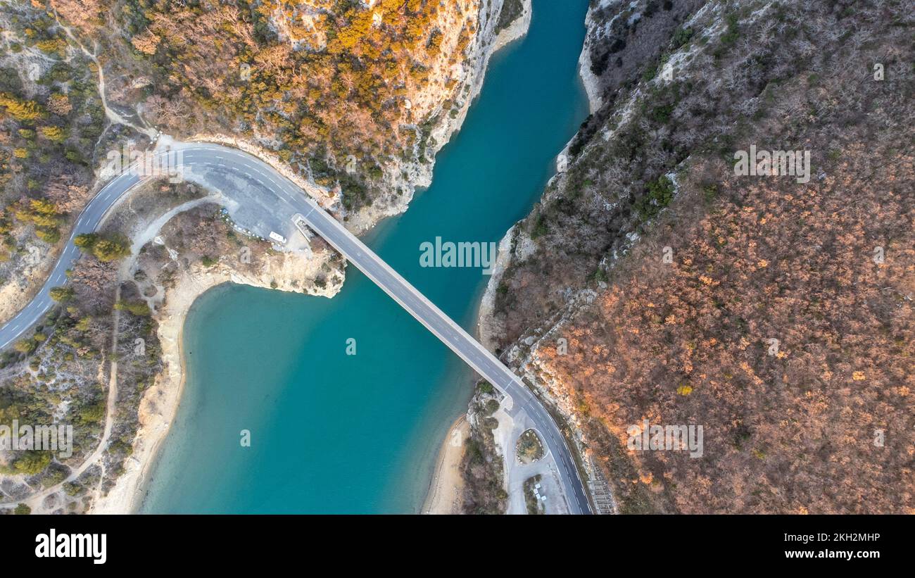 Aerial view of the Pont du Galetas at the limit of the Gorges du Verdon ...