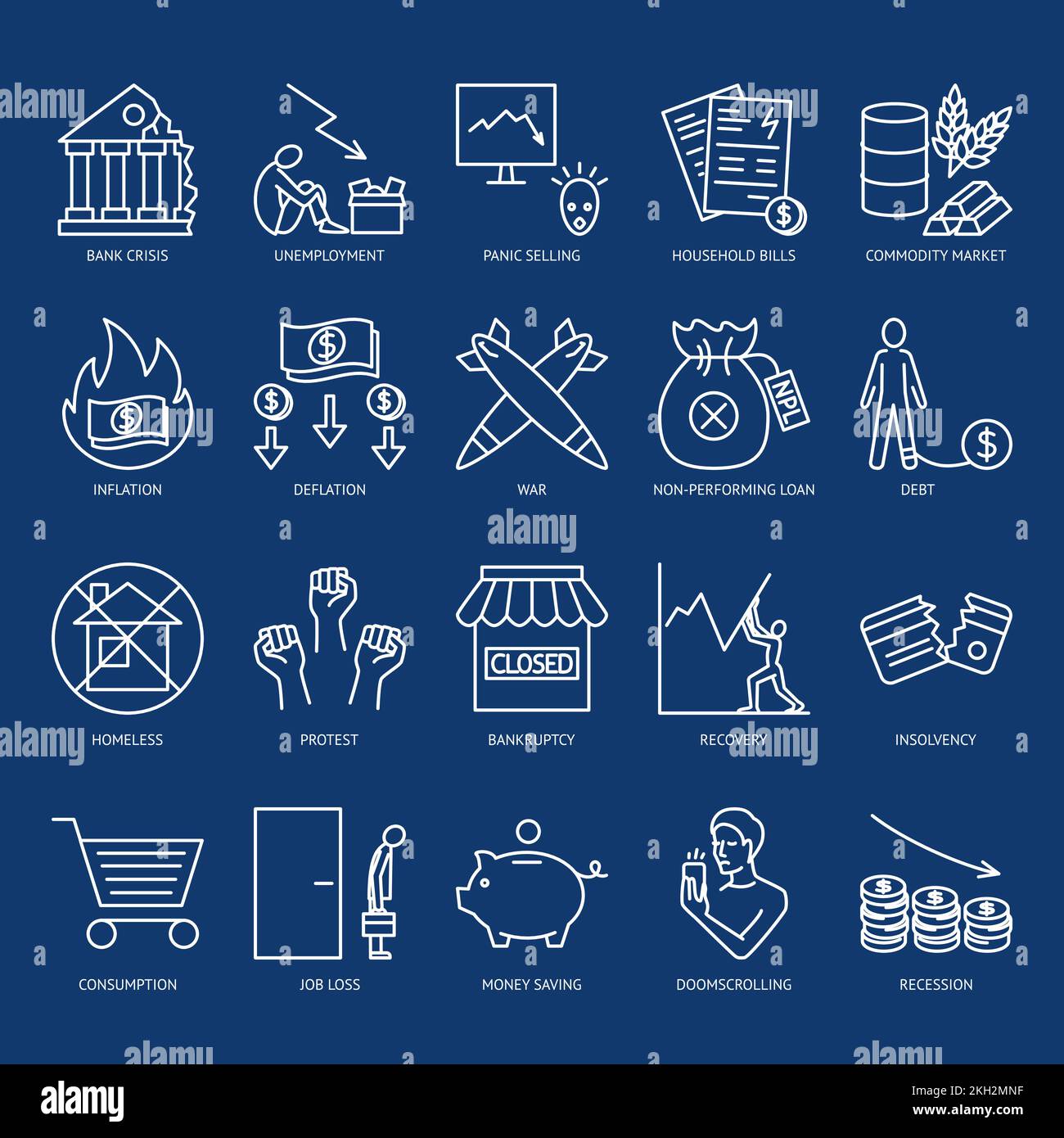 Economic crisis icon set in line style. Financial problems, poverty and ...