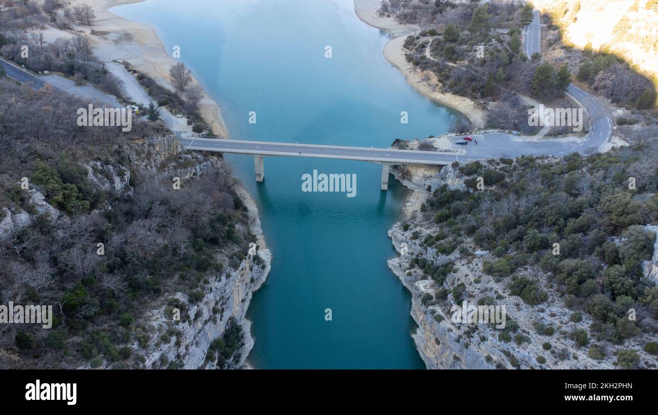 Aerial view of the Pont du Galetas at the limit of the Gorges du Verdon ...