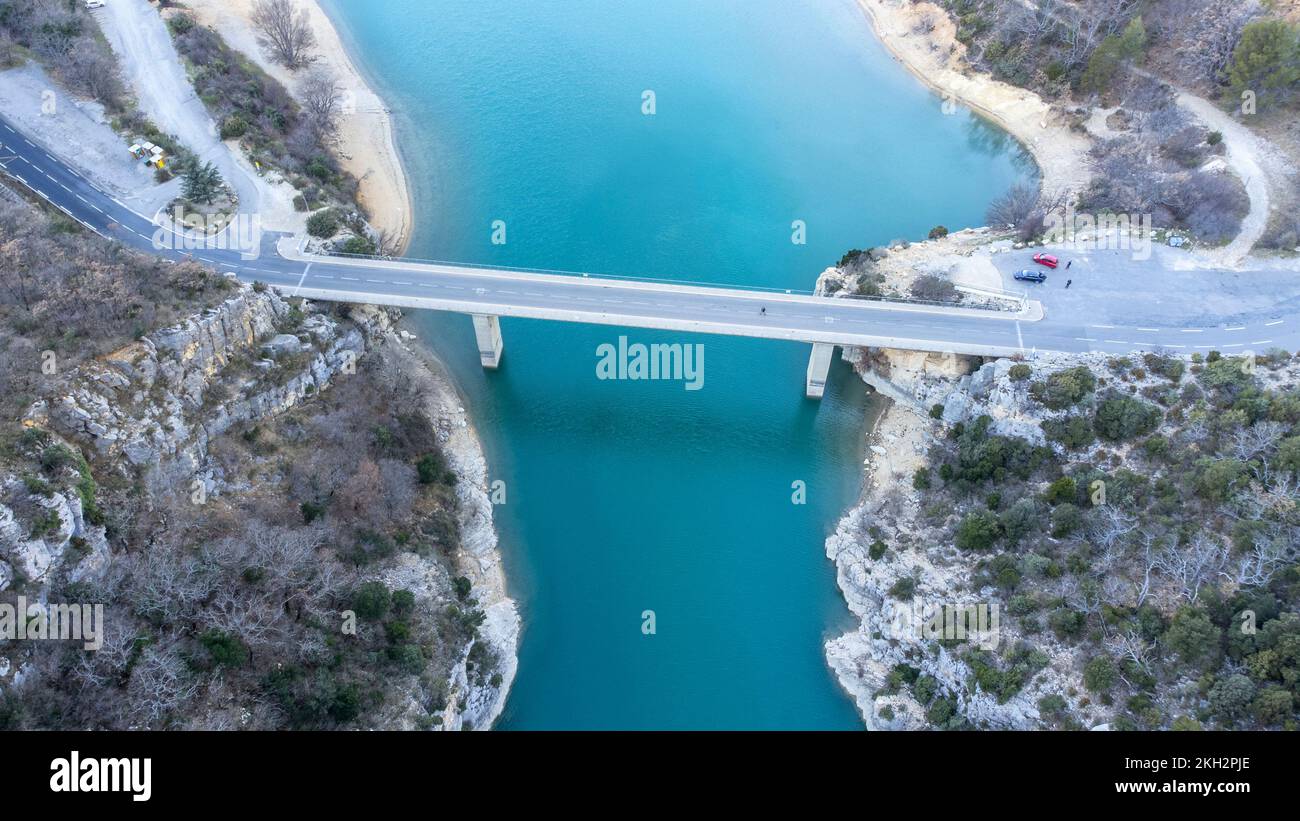 Aerial view of the Pont du Galetas at the limit of the Gorges du Verdon ...