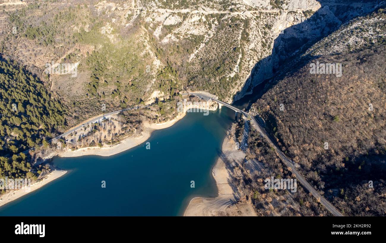 Aerial view of the Pont du Galetas at the limit of the Gorges du Verdon ...